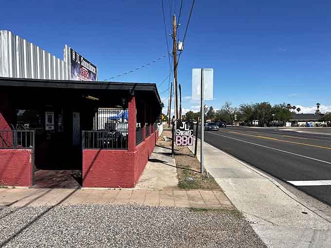 The unassuming entrance to your next favorite barbecue spot on East Broadway Road in Phoenix.