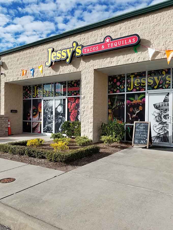 The cheerful storefront with colorful banners announces that something delicious is happening inside these walls right now.