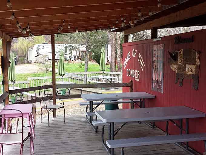 Outdoor seating under a covered porch means you can enjoy your barbecue while breathing in that fresh mountain air.