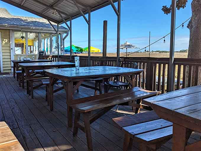 Outdoor seating where the marsh views come free with your meal, no upcharge for natural beauty.