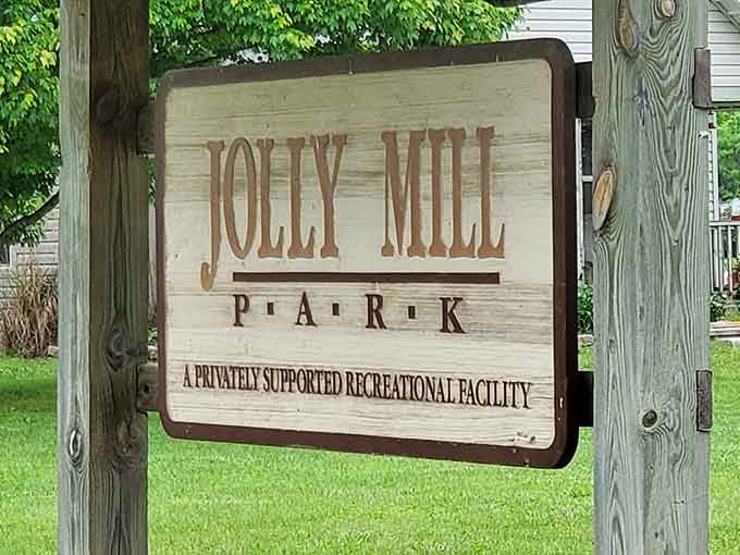The park sign welcomes visitors to a privately supported treasure, proving community spirit still thrives in small-town Missouri today.
