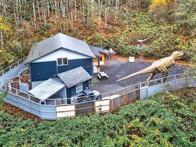 The aerial view reveals how this forested sanctuary offers complete privacy for your own personal prehistoric adventure escape.