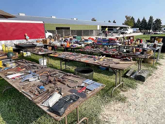 Old tools spread across tables like an industrial museum sale, where function meets nostalgia at prices that actually make sense.