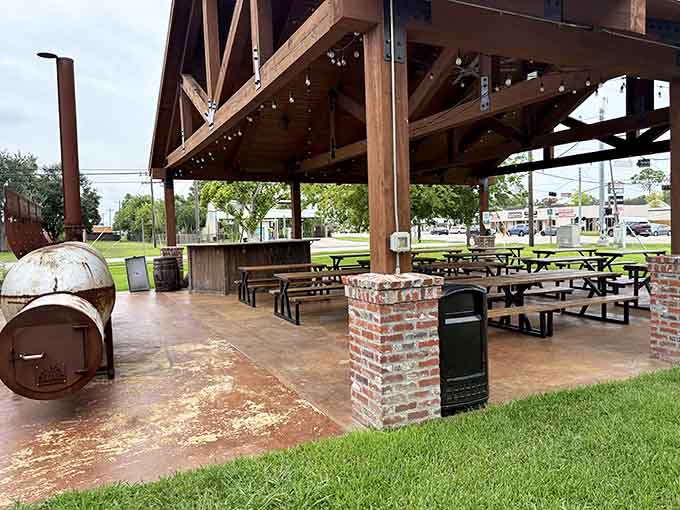 Covered outdoor seating where you can enjoy your barbecue while those smokers work their slow magic nearby all day.
