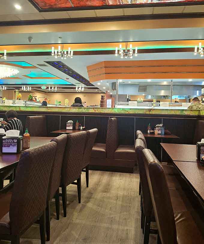 The dining room's thoughtful layout ensures everyone gets equal access to the buffet, democracy in action here.