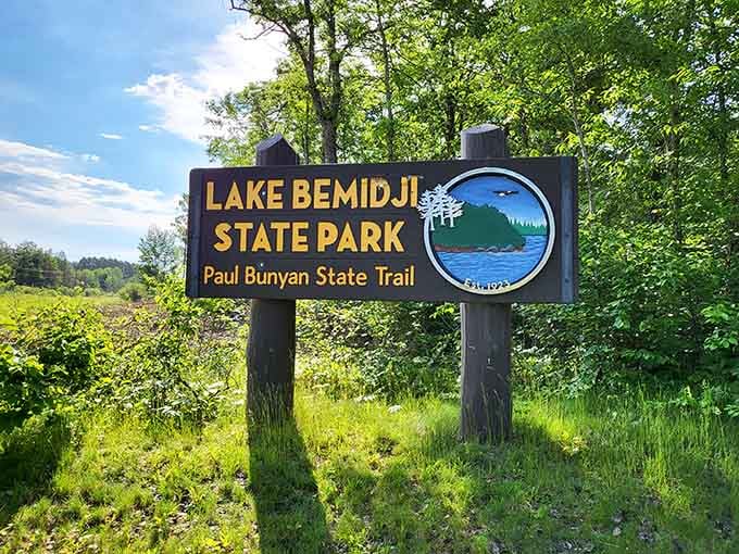 The park's welcoming sign promises adventures on the Paul Bunyan State Trail and delivers every time.
