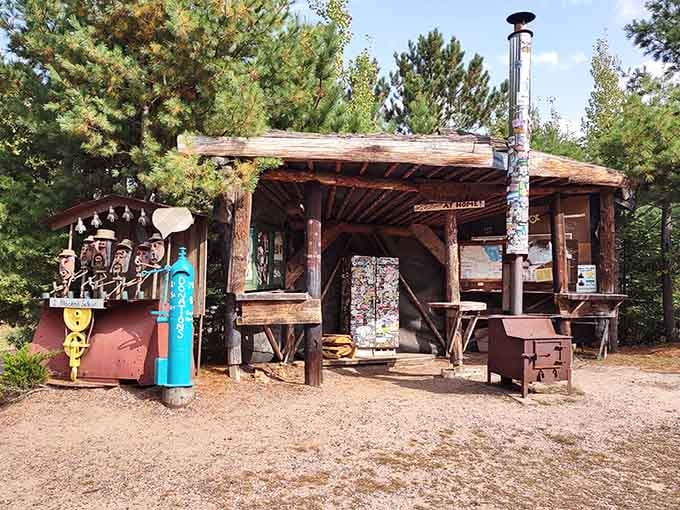 This rustic shelter embodies Upper Peninsula hospitality, offering a cozy spot to rest between sculpture discoveries and photo opportunities.