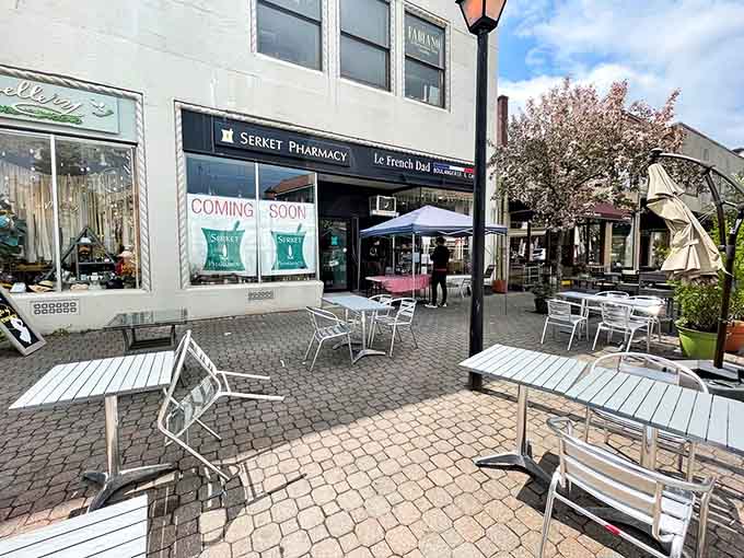 The outdoor plaza setting transforms a simple bakery run into a proper European caf&eacute; experience right here in Jersey.