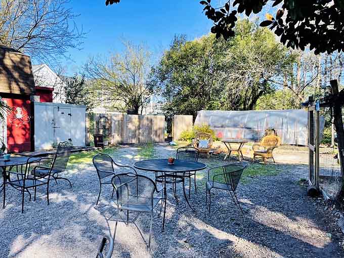 The outdoor patio offers a peaceful spot to enjoy your meal surrounded by trees and Virginia Beach sunshine.