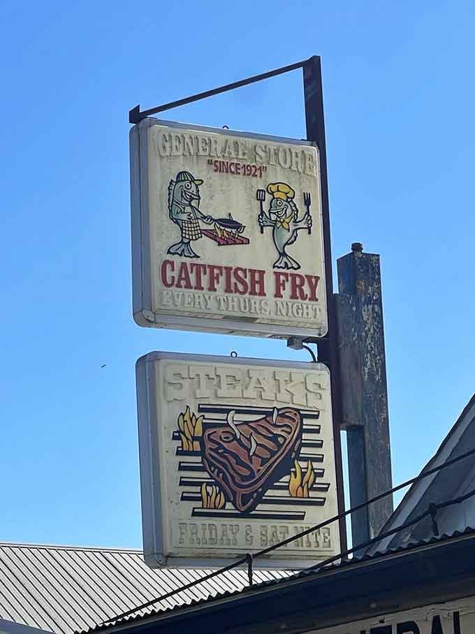Vintage signage advertising catfish and steaks tells you everything you need to know about this place's dual personality.