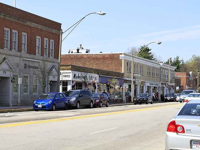 Downtown Lexington's brick storefronts line Massachusetts Avenue, inviting shoppers to discover local treasures and antiques galore.