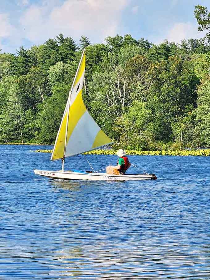 Sailboats glide across waters that would've seemed impossibly luxurious to young Abe chopping wood nearby.