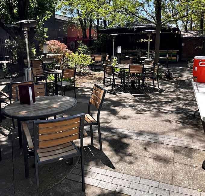 Dappled sunlight on a peaceful patio makes every meal taste better, especially when New Orleans flavors are involved.