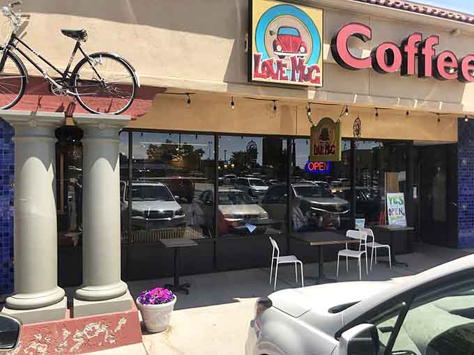 Even the exterior hints at the colorful personality waiting inside, complete with a bicycle mounted above the entrance.