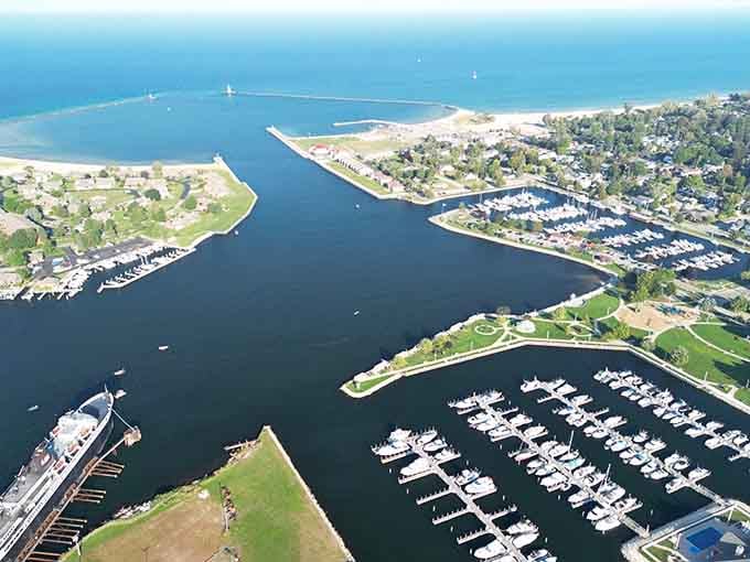 From above, the harbor layout reveals a town that embraced the water instead of turning its back on nature.