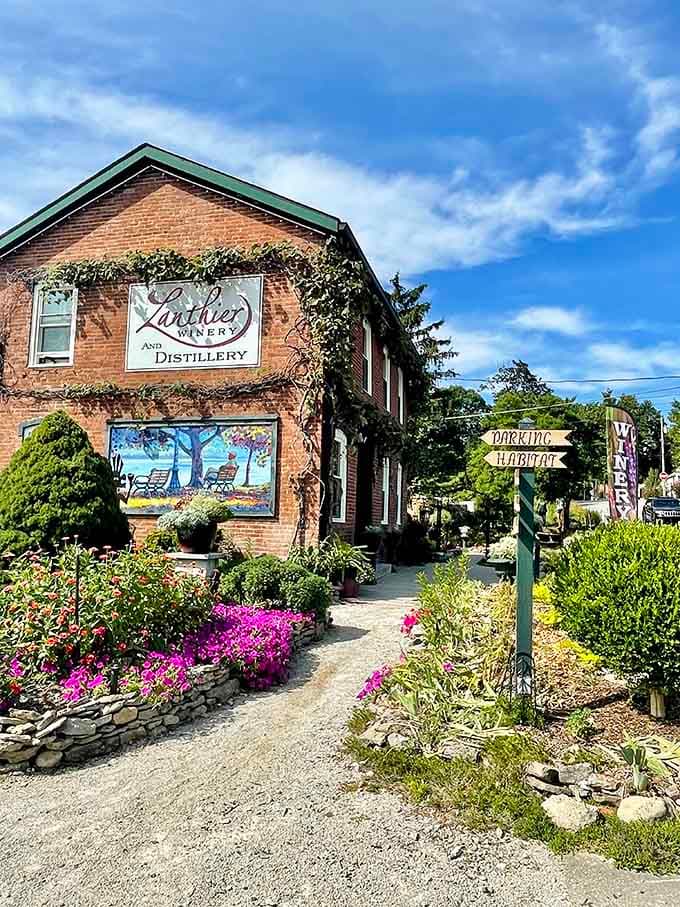 Lanthier Winery's flower-lined entrance suggests good things await inside, probably involving grapes and relaxation.