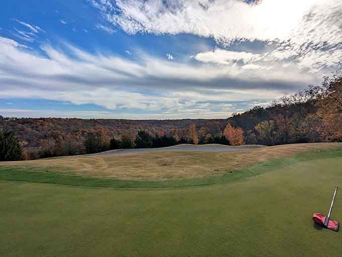 Rolling hills frame the golf green perfectly, proving that Southern Illinois landscapes can compete with anywhere when given the proper stage.