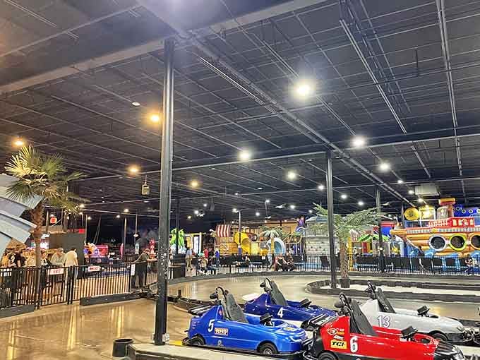 Go-karts lined up and ready to settle family disputes the old-fashioned way: through completely legal and supervised competitive racing mayhem.