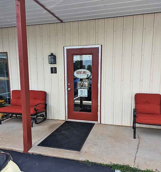 Red benches flanking the door invite you to sit, relax, and contemplate your upcoming sugar-fueled happiness.