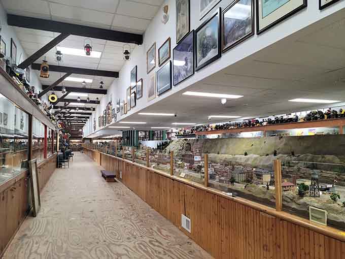 The depot's impressive length showcases just how massive freight operations were, with displays stretching as far as you can see.