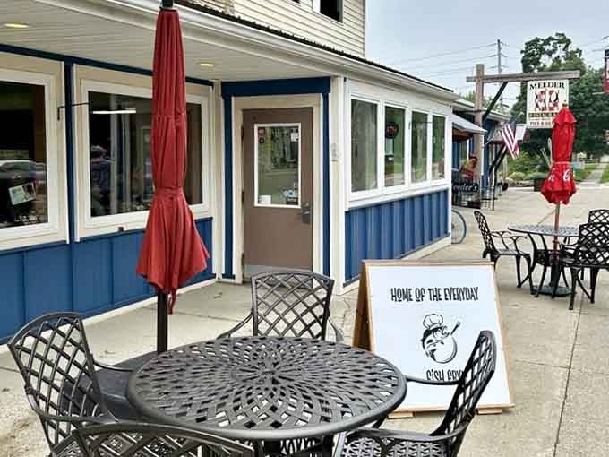 Outdoor seating lets you enjoy your meal while watching small-town life unfold on Main Street, weather permitting.