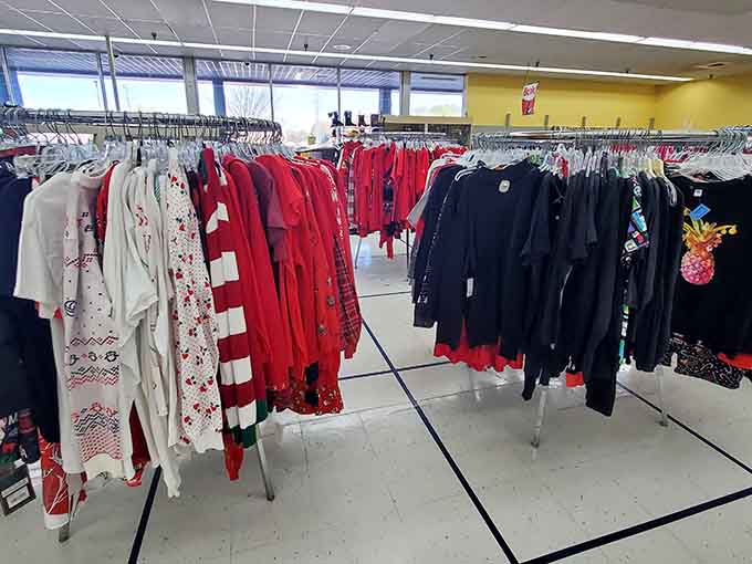 Seasonal clothing organized by color creates a shopping experience that's actually pleasant instead of overwhelming and chaotic.