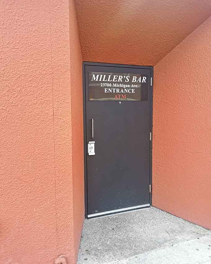 The entrance to Miller's Bar, where ordinary doors lead to extraordinary burgers and decades of delicious history.