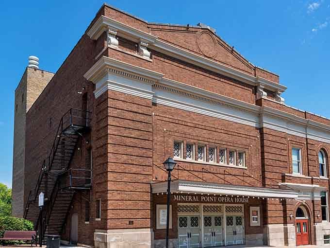 The Opera House's impressive brick facade hints at the grand performances that once graced this historic stage nightly.