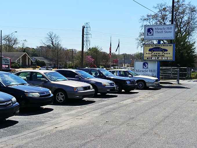 The parking situation on a good day, when fellow bargain hunters gather like pilgrims.