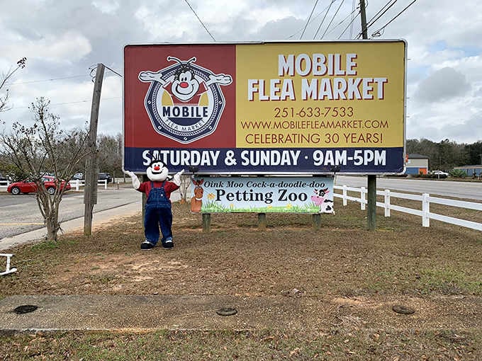 That cheerful clown mascot welcomes you to bargain paradise, open weekends when your wallet needs a break from punishment.