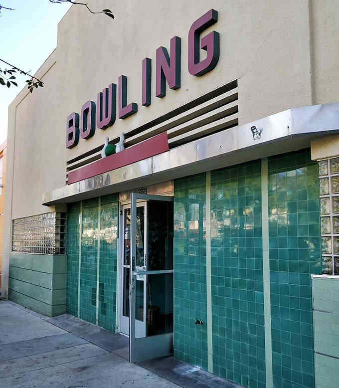 The exterior announces itself proudly, a beacon of authentic mid-century California bowling culture still thriving.