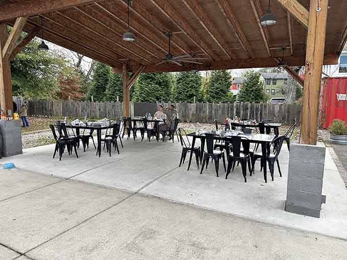 Covered patio seating lets you enjoy mountain mornings while savoring breakfast in the fresh air outside.