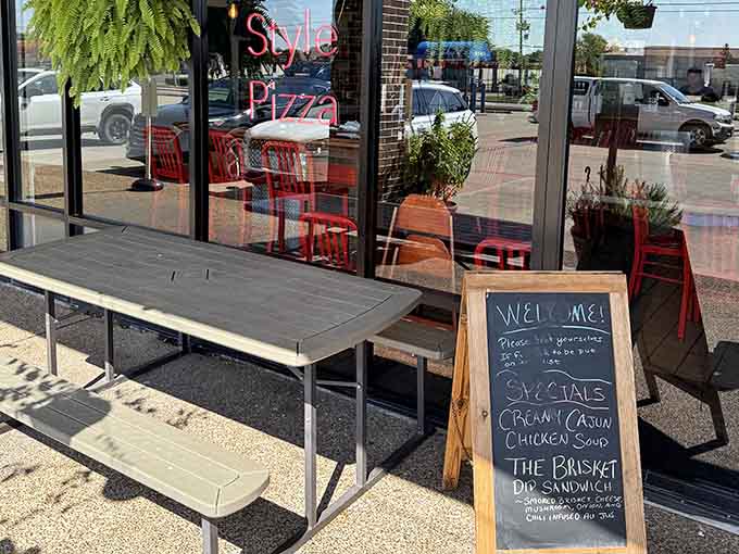Outdoor seating welcomes you with a chalkboard of specials, inviting you to dine al fresco Texas-style.