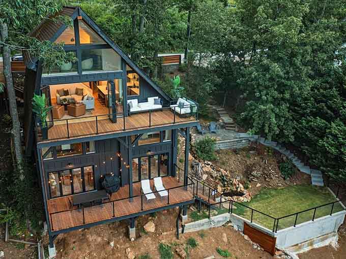 The aerial view reveals just how perfectly this mountain retreat sits perched above the world.