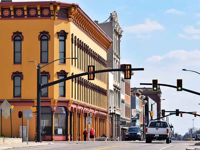 Downtown Muncie's colorful storefronts line streets where small-town charm meets genuine urban revitalization efforts.