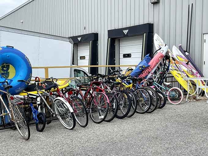 Bicycles line up outside like a Tour de France starting line for budget-conscious cycling enthusiasts.