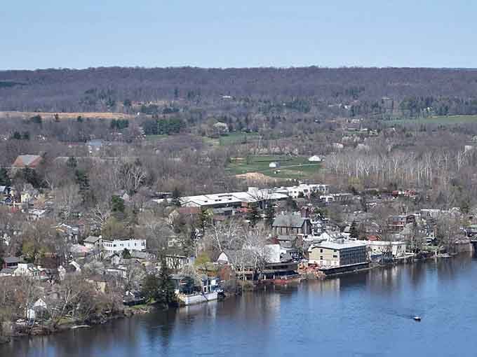 From above, New Hope nestles along the Delaware like it's been photoshopped into the perfect retirement brochure illustration.