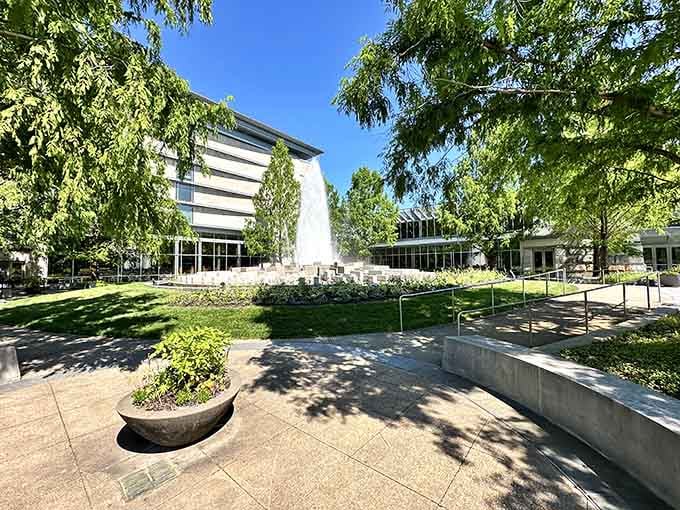 Sunlight filters through leafy trees onto modern architecture, where nature and culture shake hands and become friends.