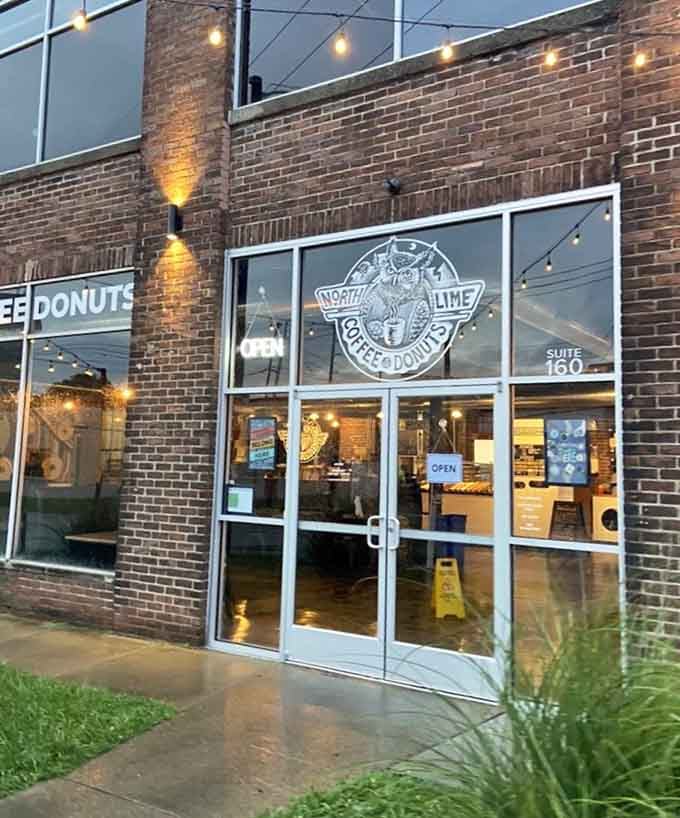 Evening light hits the entrance just right, beckoning you inside for one more donut before closing time.
