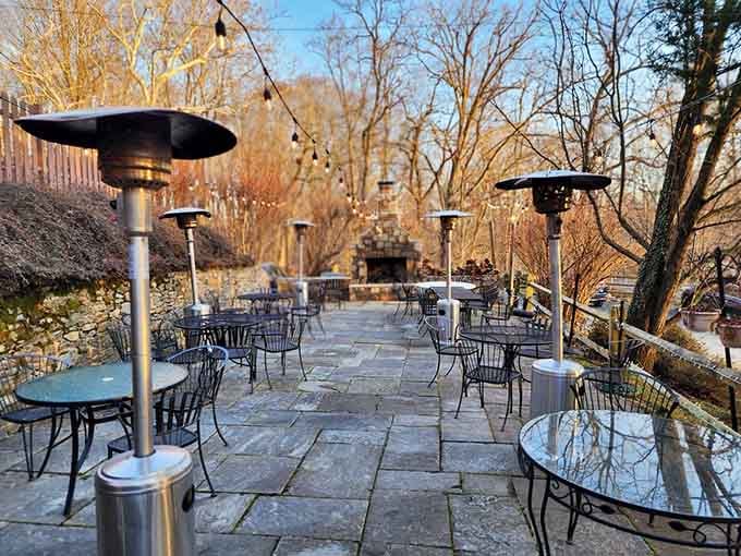 String lights and outdoor heaters transform this patio into your new favorite room, even when winter disagrees.
