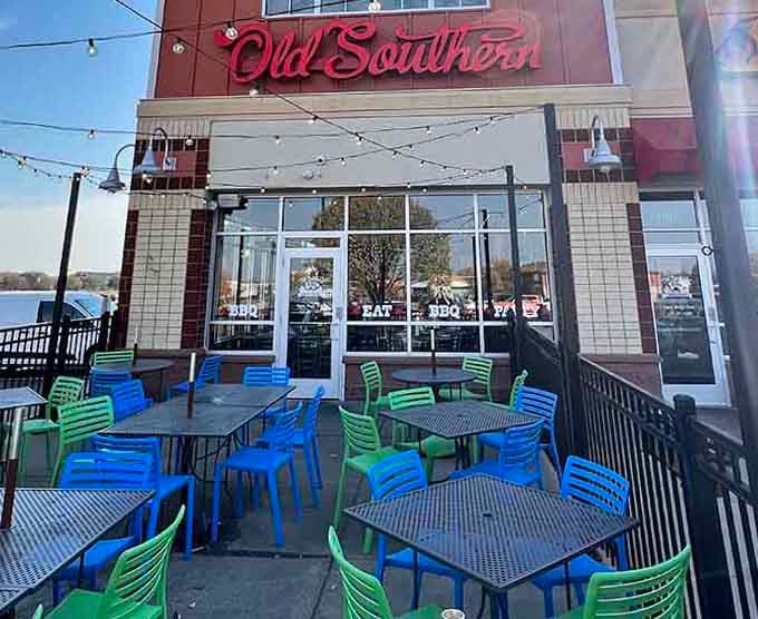 Outdoor seating in cheerful colors because eating great barbecue under the sky just hits different somehow.