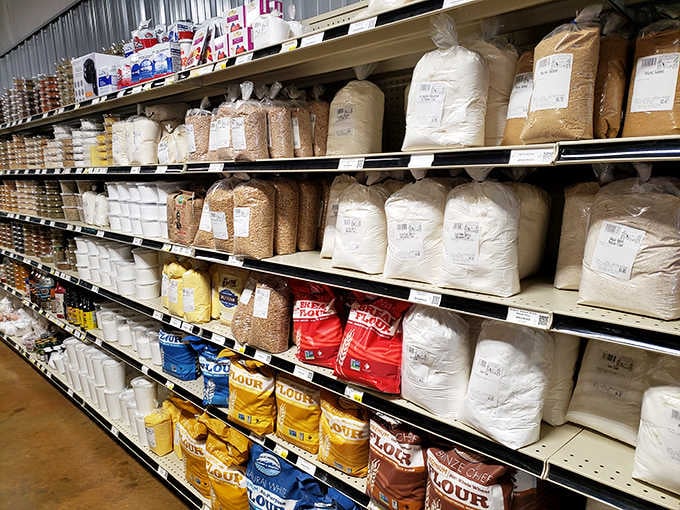 Flour bags in bulk sizes suggest serious bakers shop here, not just weekend warriors making occasional cookies.