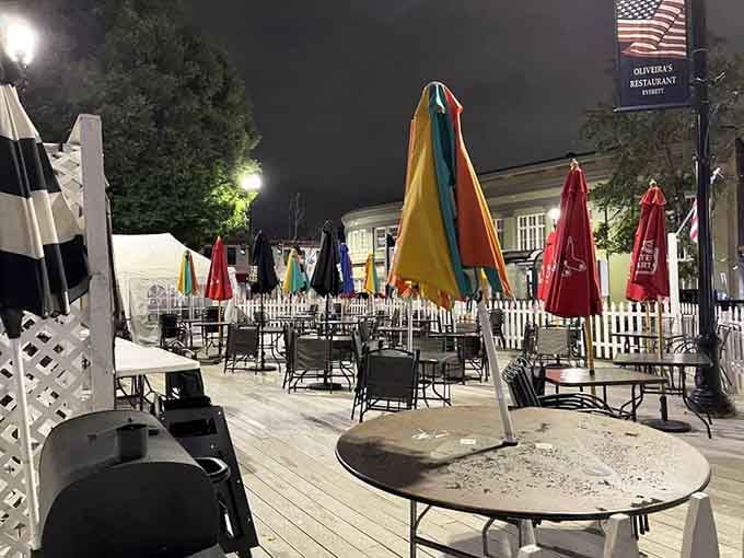 Colorful outdoor patio umbrellas creating a festive atmosphere for those warm Massachusetts evenings when you need fresh air.