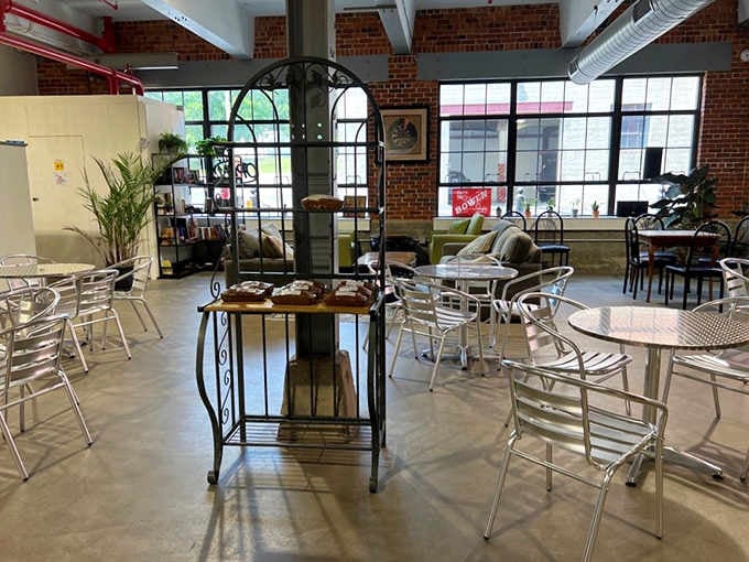 Exposed brick and comfortable seating create the perfect backdrop for your weekend breakfast sandwich dreams.