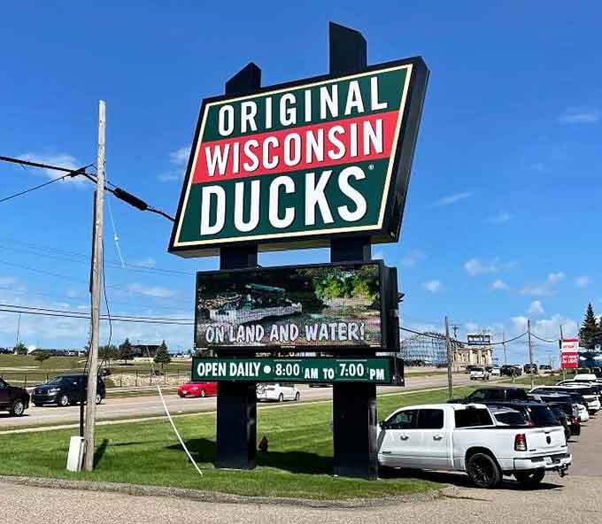 The iconic sign promises exactly what it delivers: an unforgettable journey across both land and water in Wisconsin Dells.