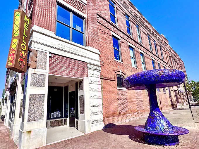 Mellow Mushroom's quirky blue mushroom sculpture adds whimsy to Owensboro's dining scene with unmistakable personality and charm.