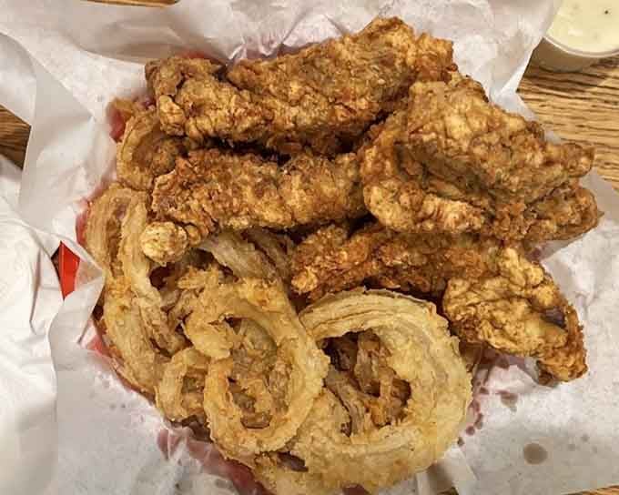 Steak fingers and onion rings forming a partnership more successful than most Hollywood marriages could dream of.