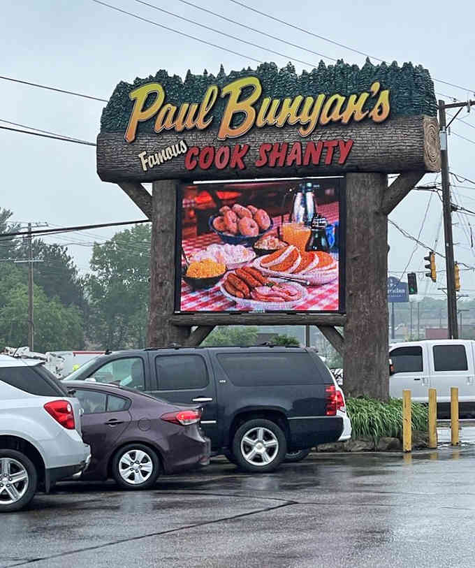 The roadside sign announces breakfast paradise to hungry travelers cruising through Wisconsin Dells.