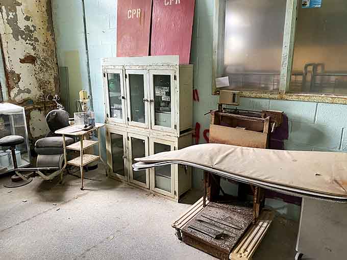 Medical equipment remains as a stark reminder of the facility's operational past and complicated legacy.