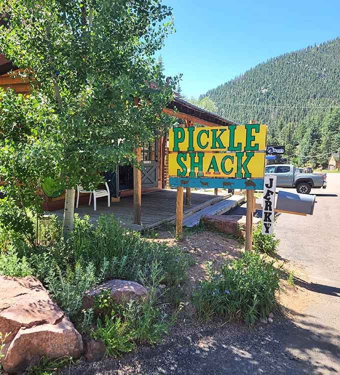 That cheerful yellow sign against the mountain backdrop is basically a beacon of hope for pickle lovers everywhere today.